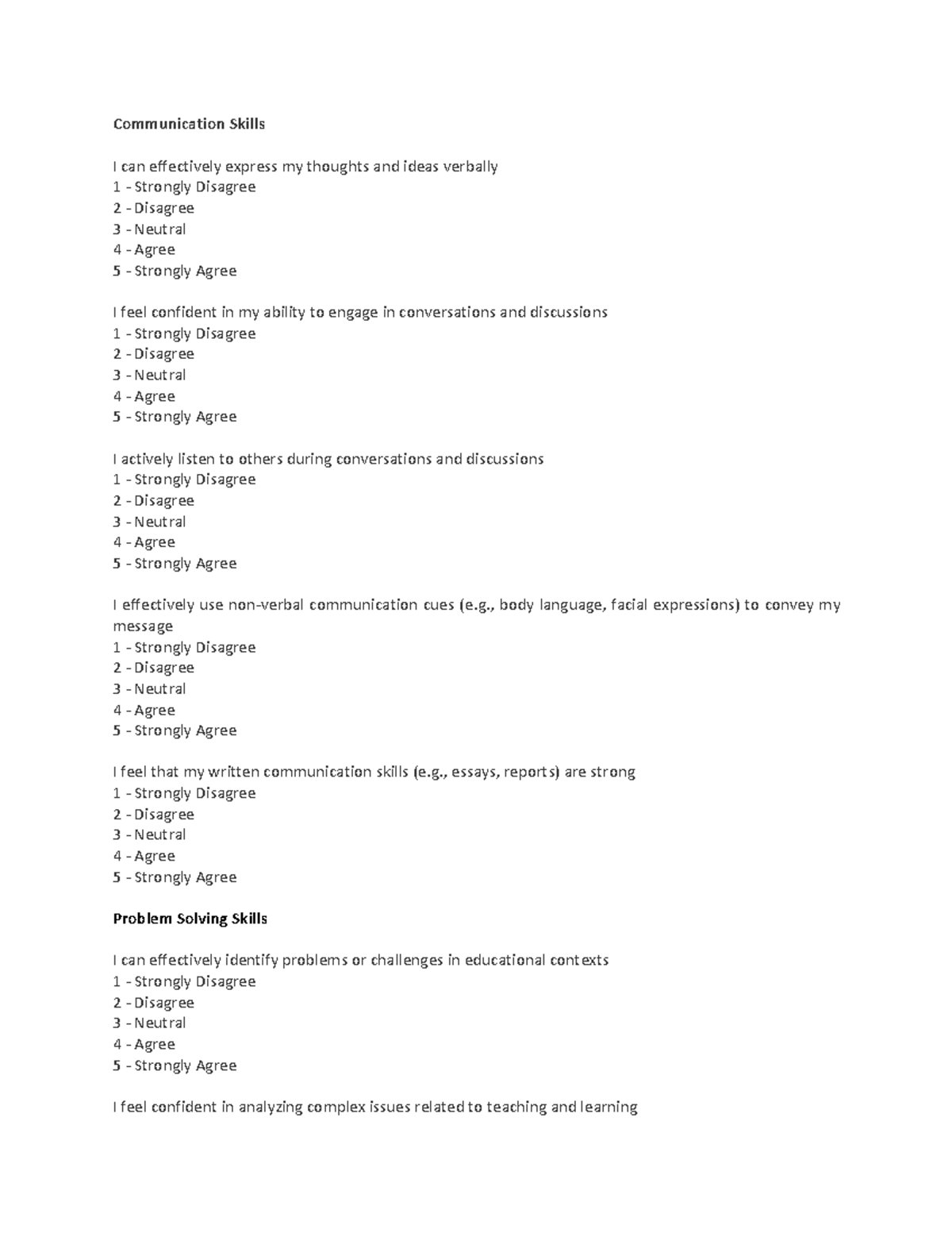 Questionnaires - notes - Communication Skills I can effectively express ...