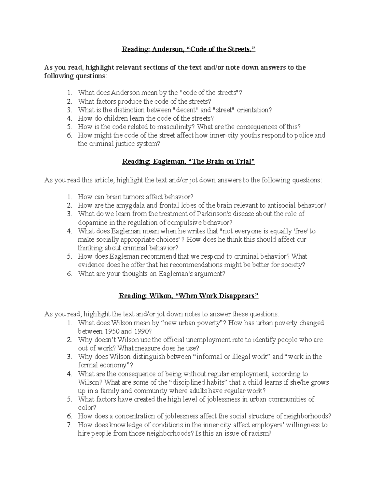 Unit 3 Reading Questions - Reading: Anderson, “Code of the Streets.” As ...