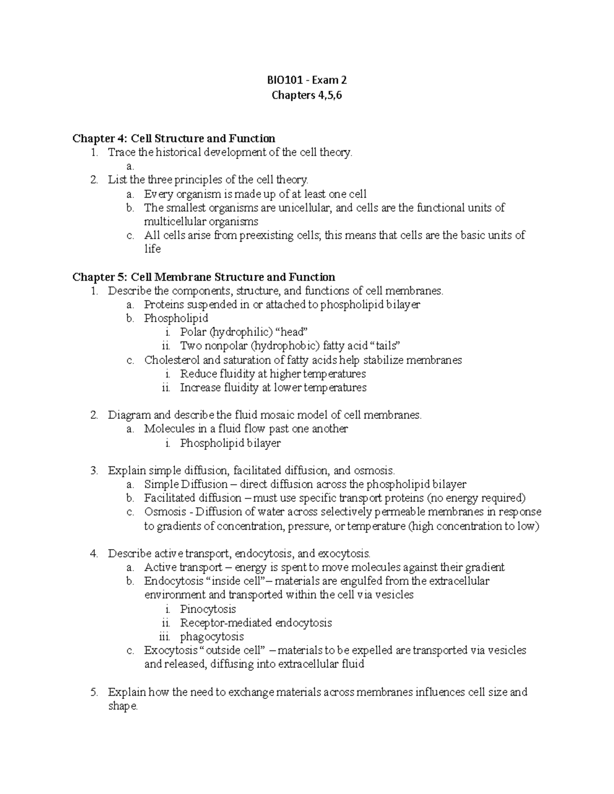 Exam 2 - Chapters 4-6 - BIO101 - Exam 2 Chapters 4,5, Chapter 4: Cell ...