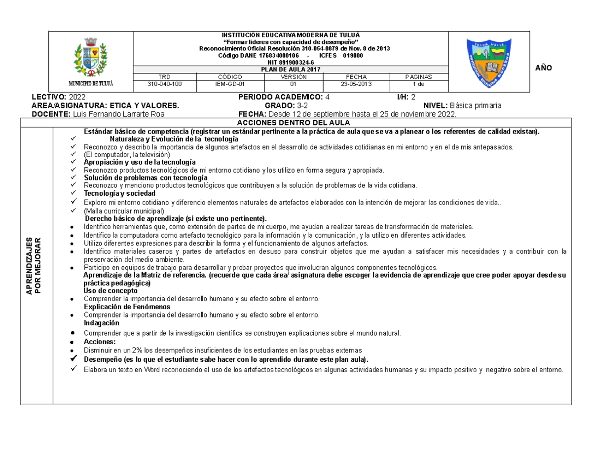 PLAN DE AULA sistemas cuarto periodo. - AÑO LECTIVO: 2022 PERIODO ...