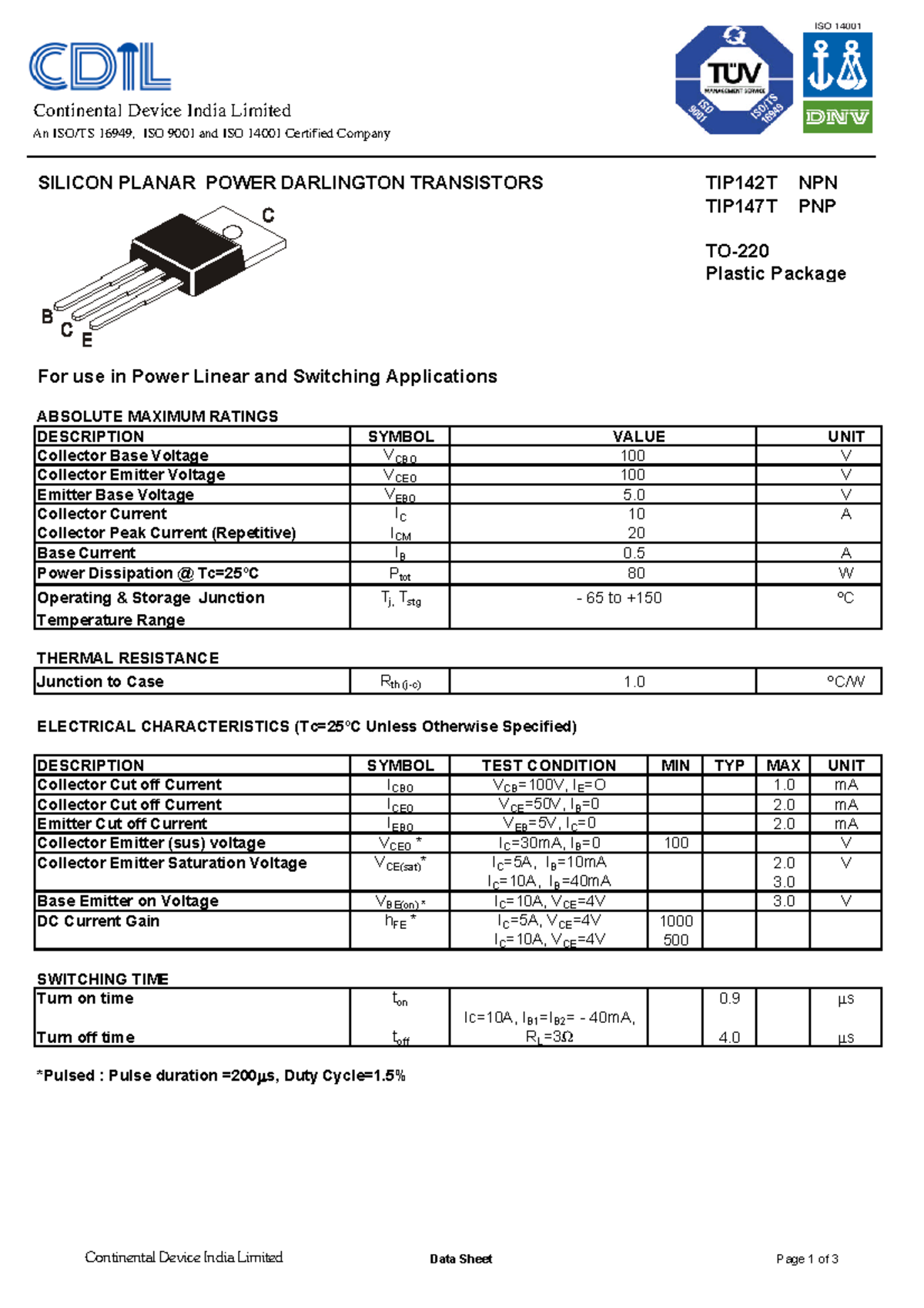 TIP142T - sssssssss - SILICON PLANAR POWER DARLINGTON TRANSISTORS ...