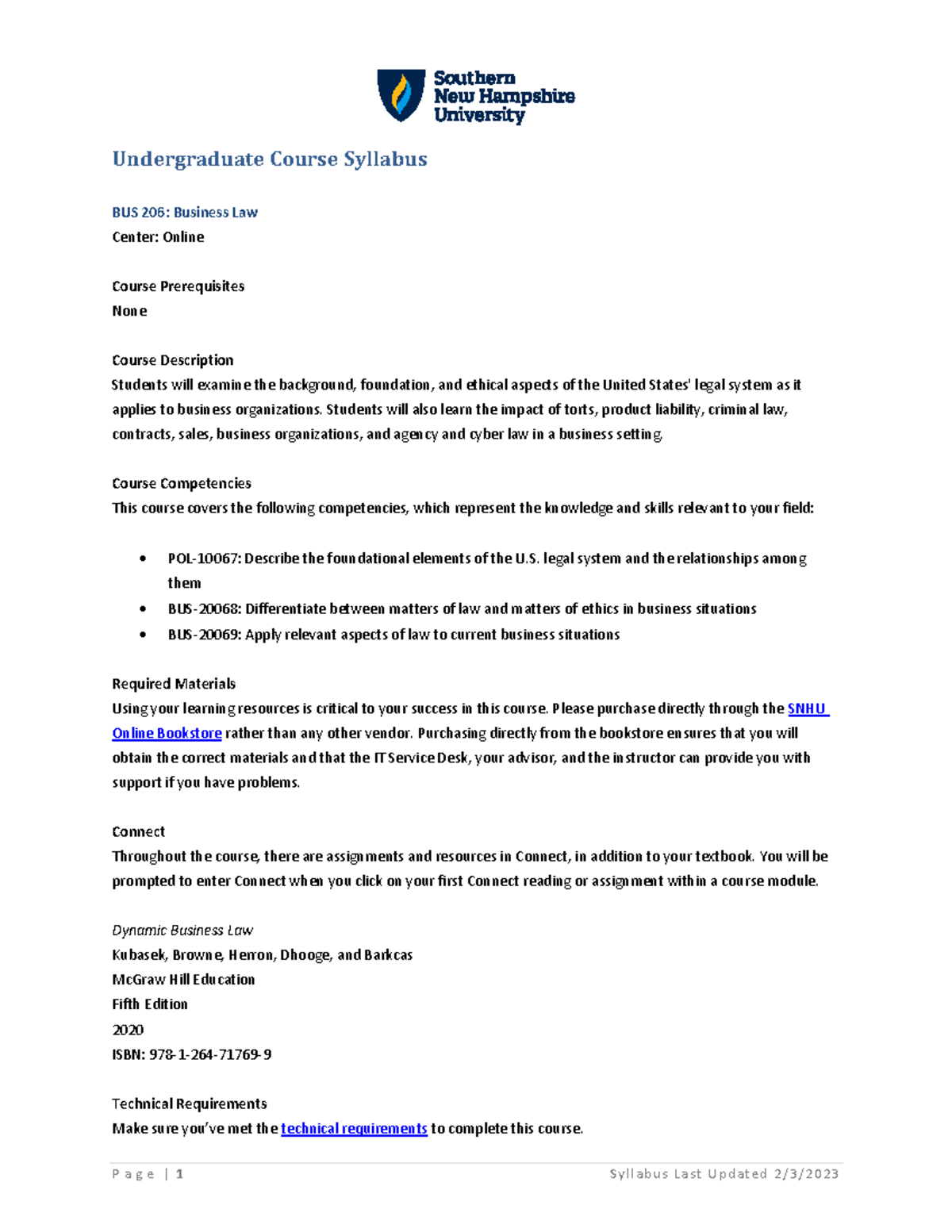 BUS 206 Syllabus - Undergraduate Course Syllabus BUS 206: Business Law ...