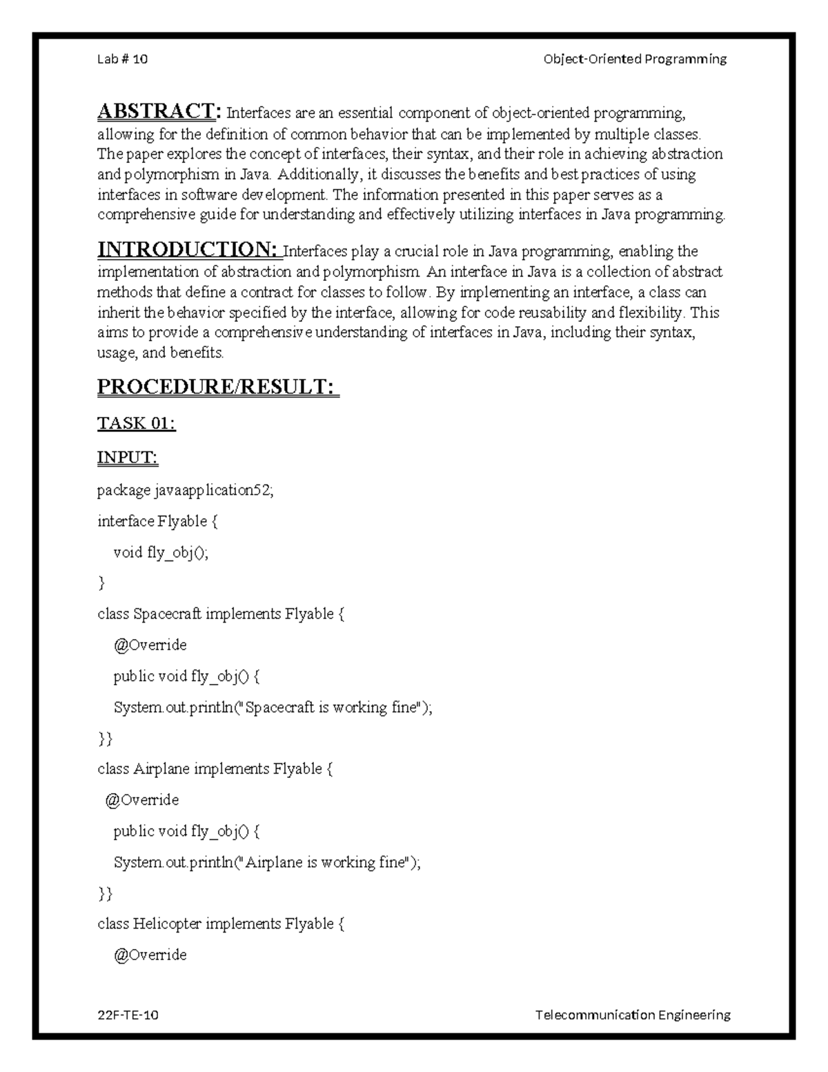 Lab no 10 (22f-TE-10) - ABSTRACT: Interfaces are an essential component of object-oriented - Studocu