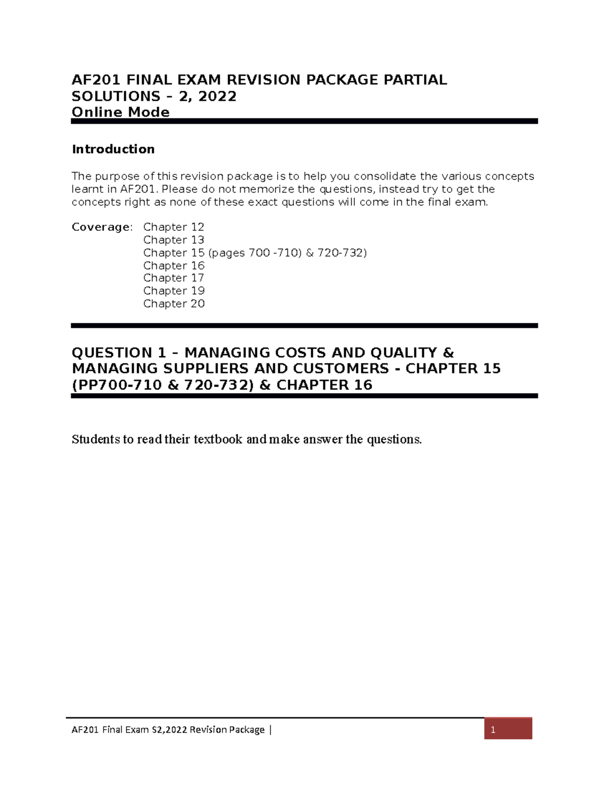 AF201 Final EXAM Revision Package Partial Solutions ONLY- s2, 2022 ...