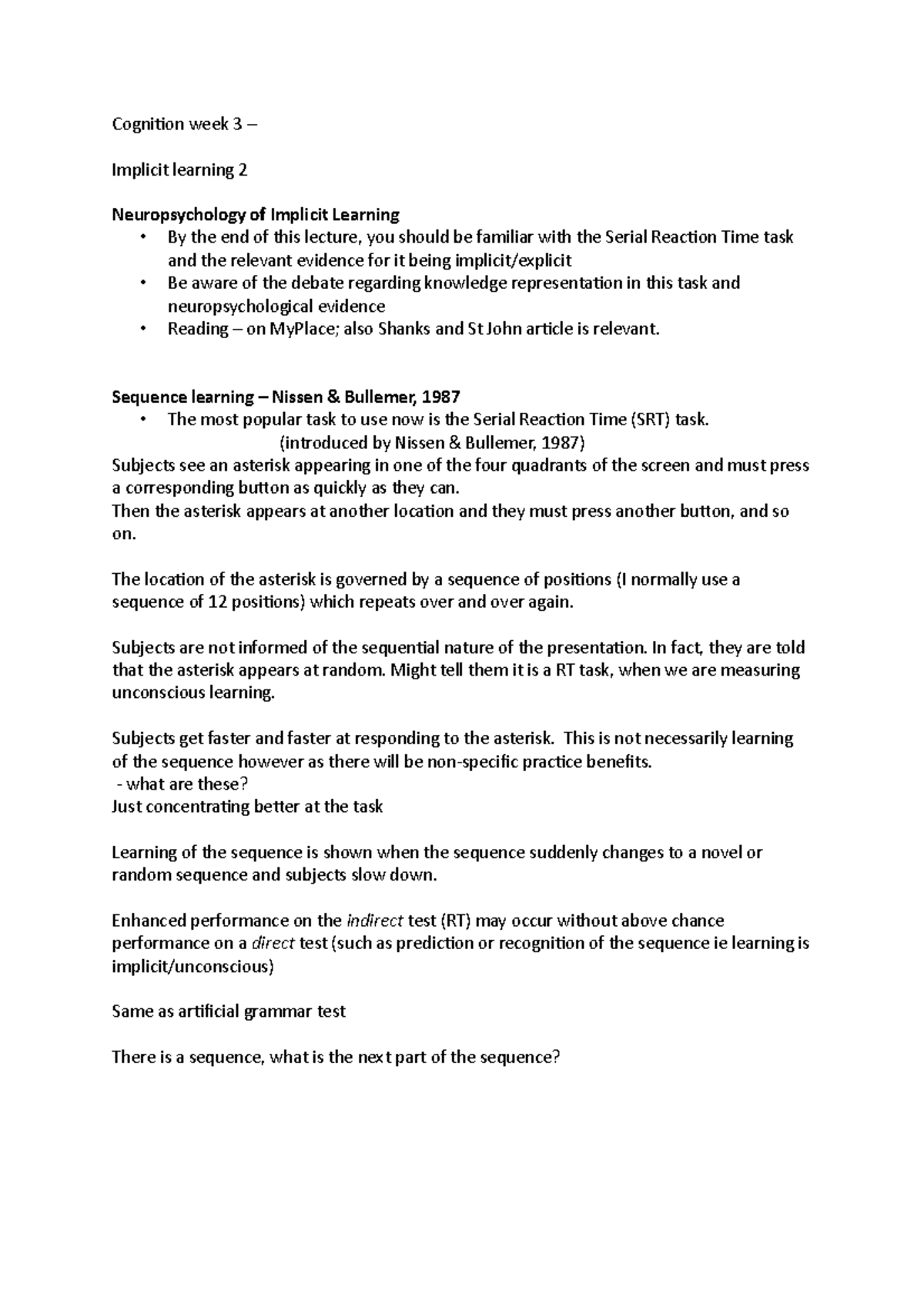 Cognition Lecture 6 Implicit Learning 2 Cognition Week 3 Implicit