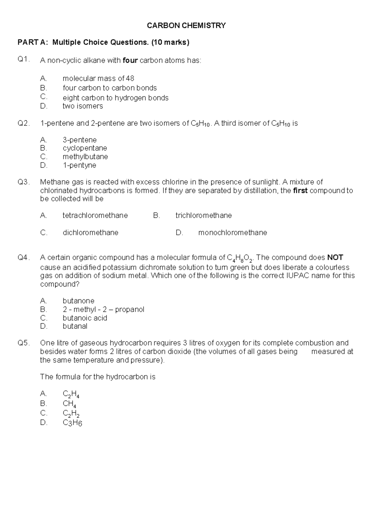 Carbon Chemistry MCQs & Short Answers - Penrhos 1 - CARBON CHEMISTRY ...