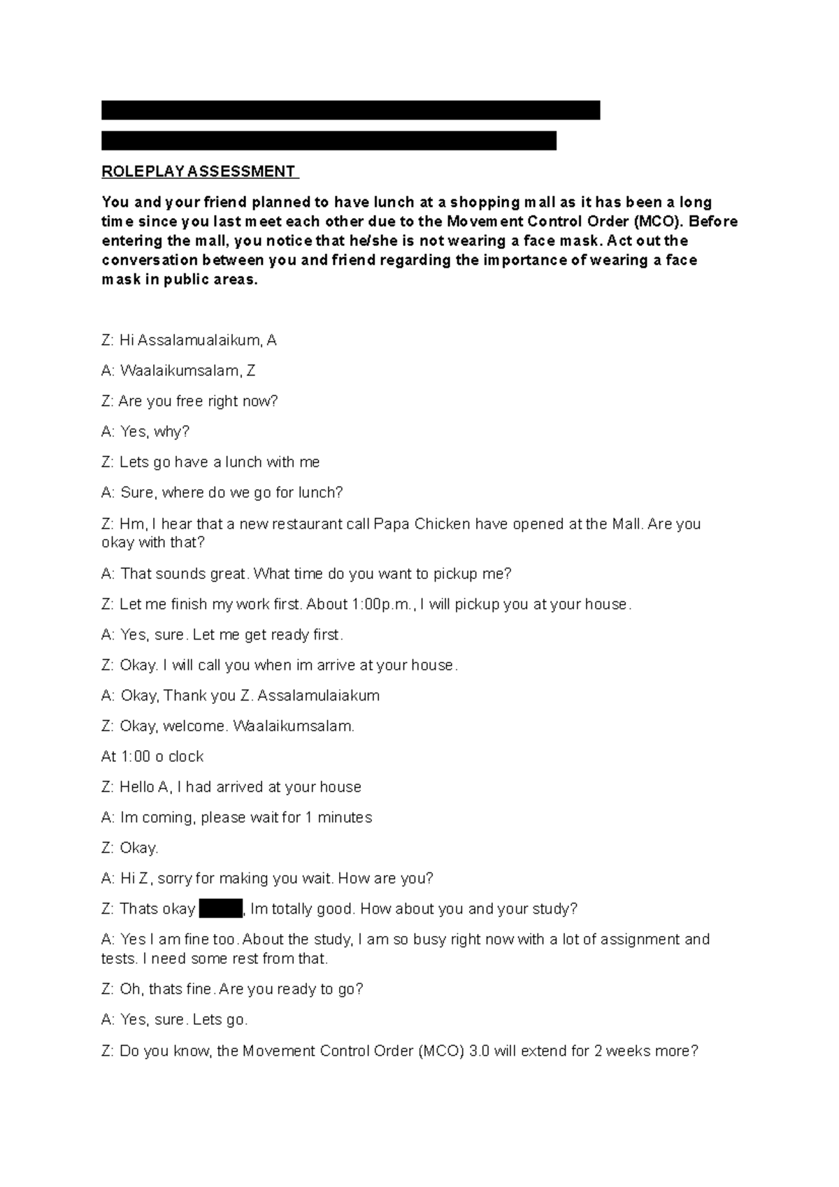 ELC121- Roleplay Assessment Example - MOHAMAD AMIRUL AIMAN BIN MOHD ...