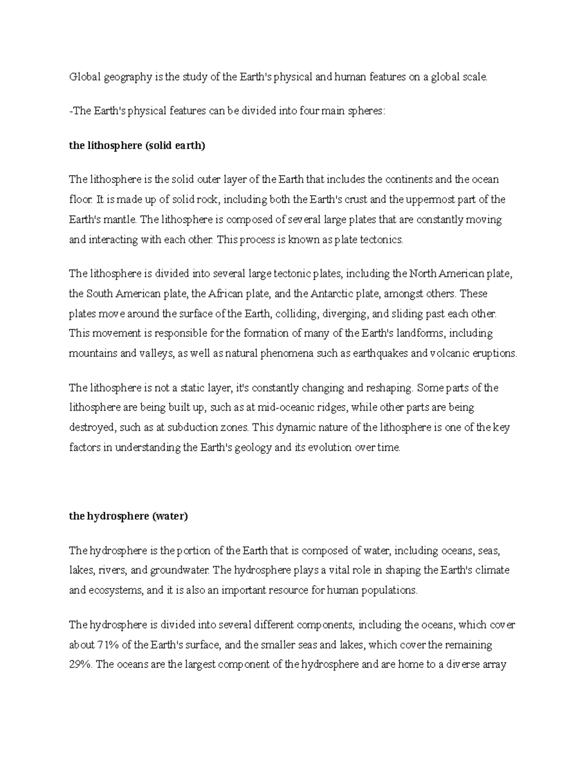 The 4 spheres - notes - Global geography is the study of the Earth's ...