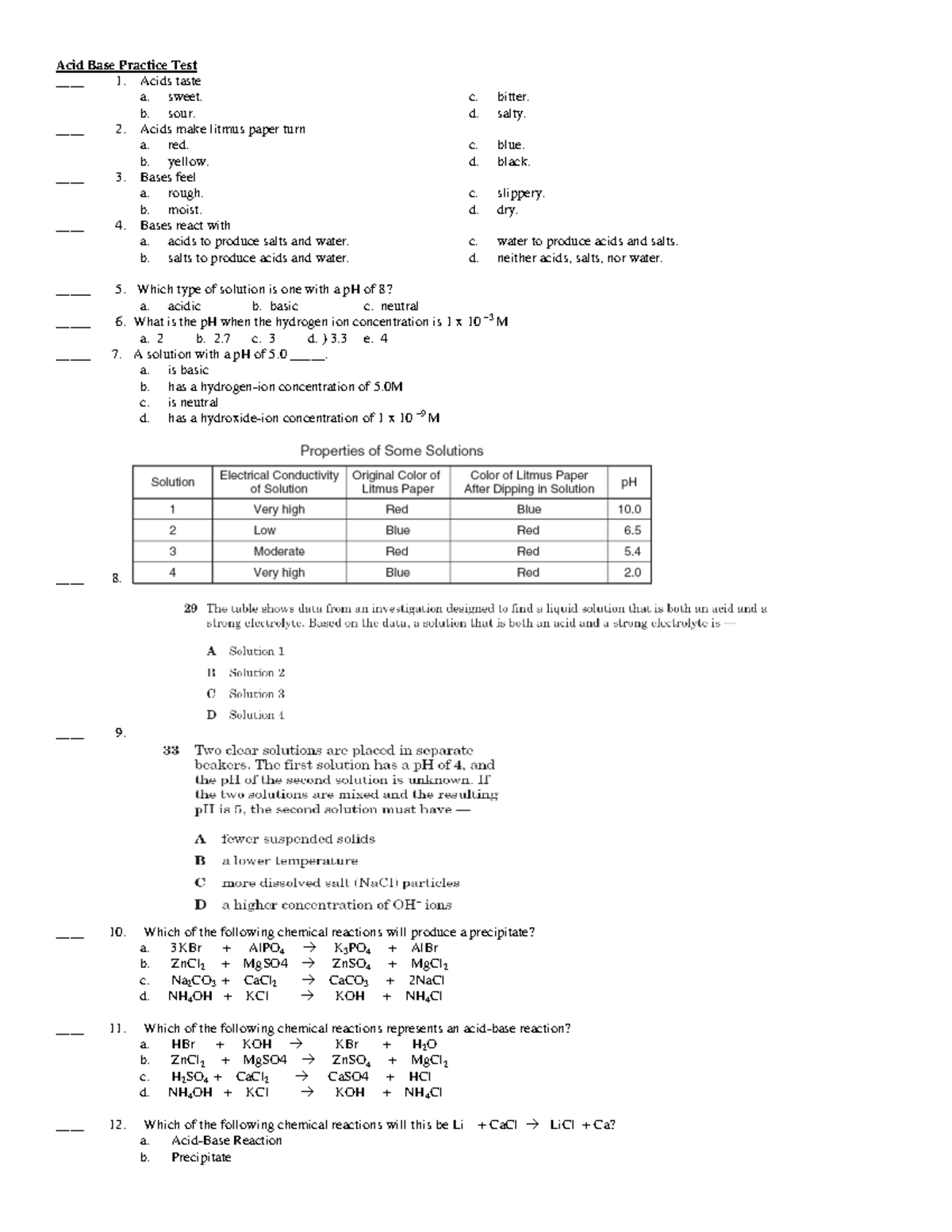 Practice test acids and bases 2 - Acid Base Practice Test ____ 1. Acids ...