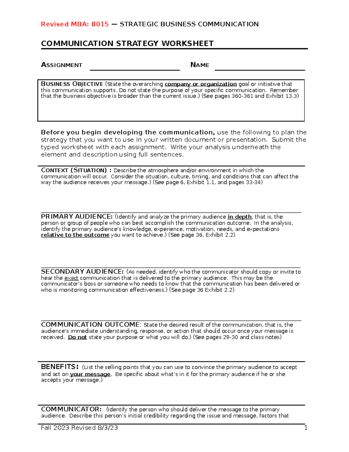 Communication Strategy Worksheet (1) Revised MBA 832023 - Revised MBA ...