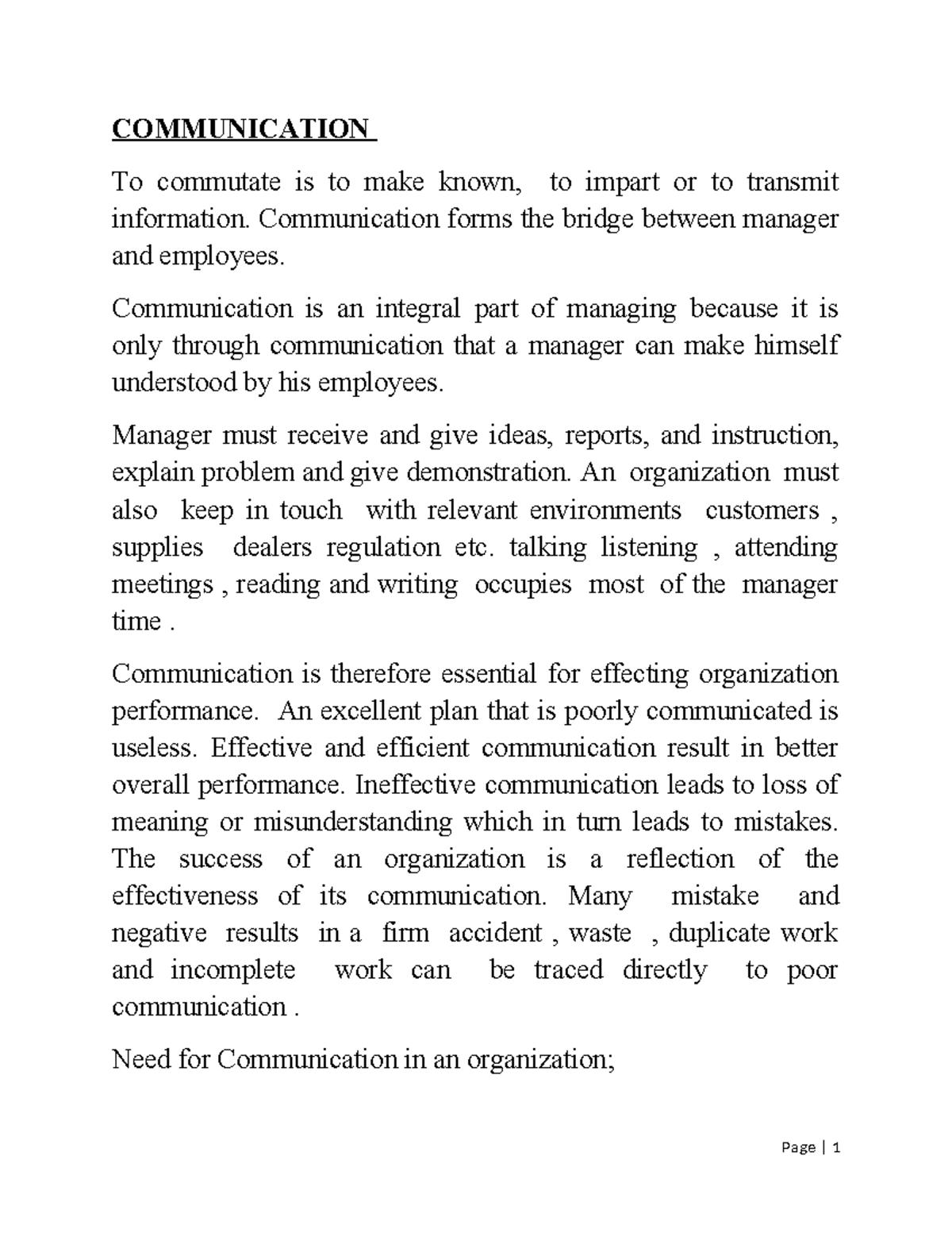 Communication - NOTES - COMMUNICATION To commutate is to make known, to ...