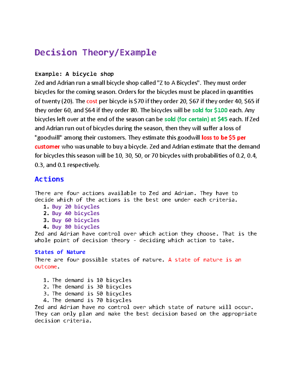 Decision Theory Full Example Problems - Decision Theory/Example Example ...