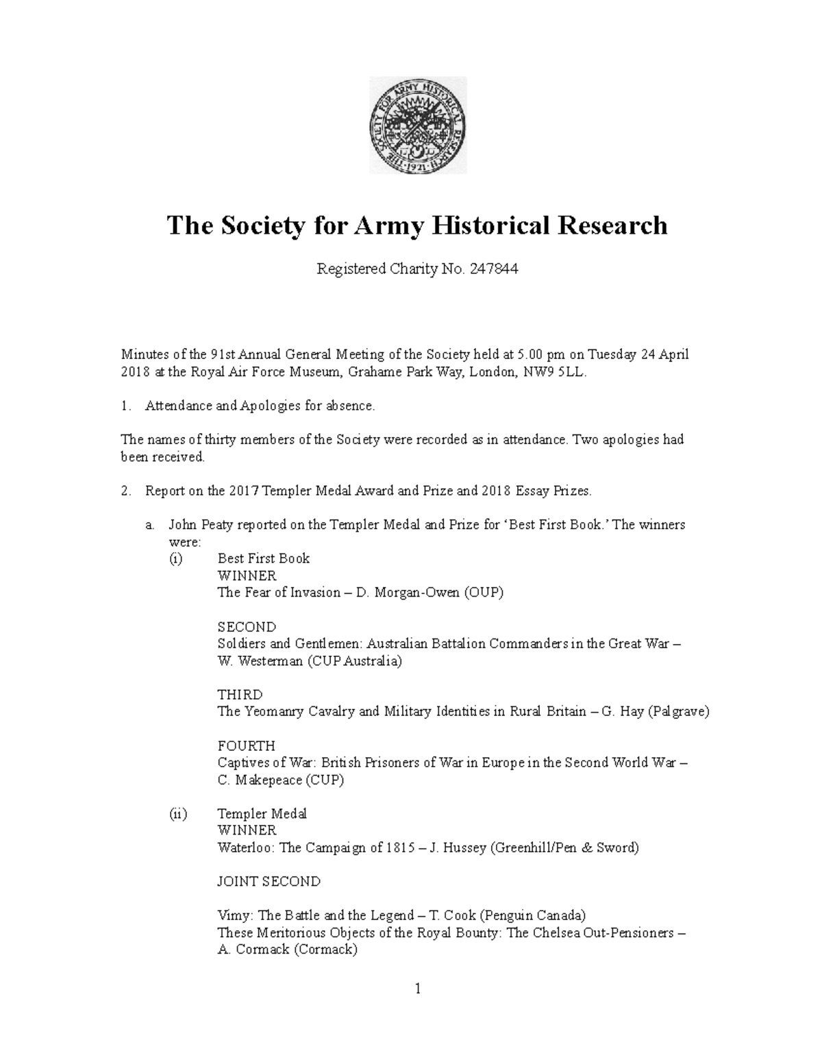 Agm 2018 minutes ver 1 sahrs 1014 - The Society for Army Historical ...