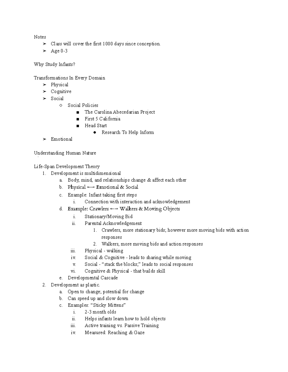 1 - lecture notes - Notes Class will cover the first 1000 days since ...