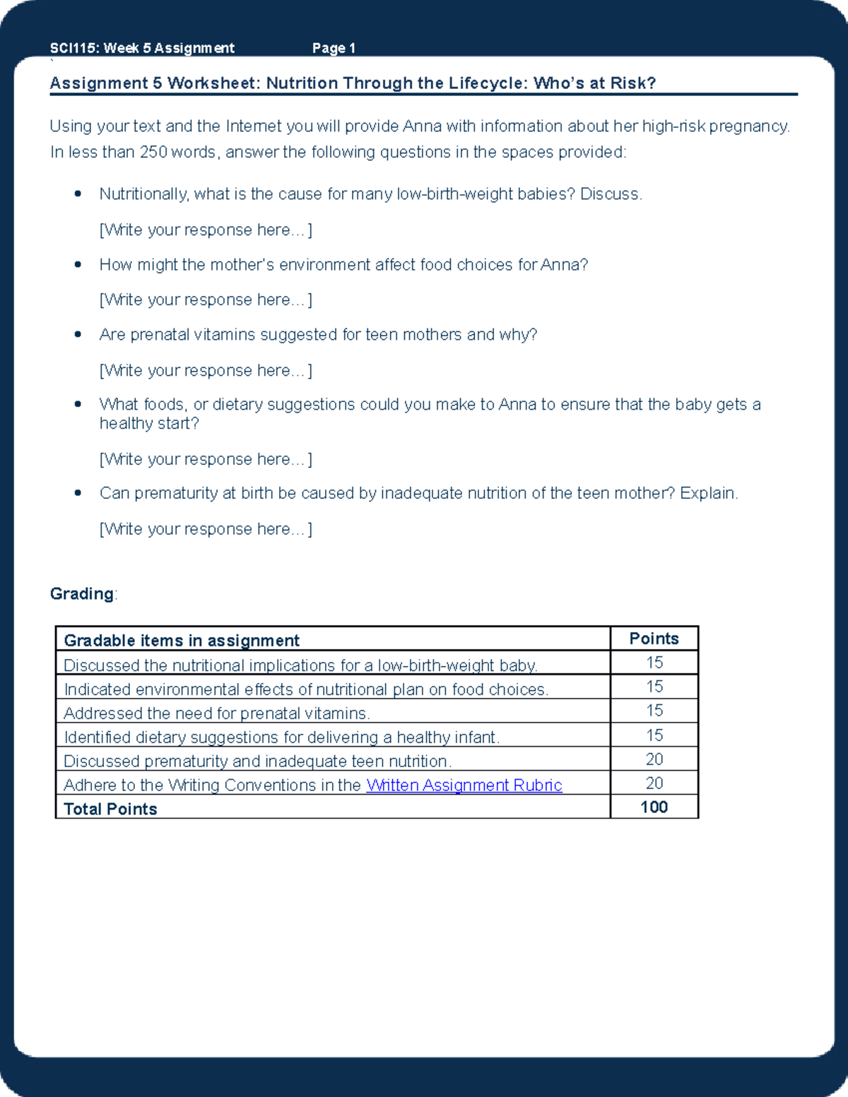 SCI115 H Wk5 Assignment Worksheet 2 - SCI115: Week 5 Assignment Page 1 ` Assignment 5 Worksheet ...