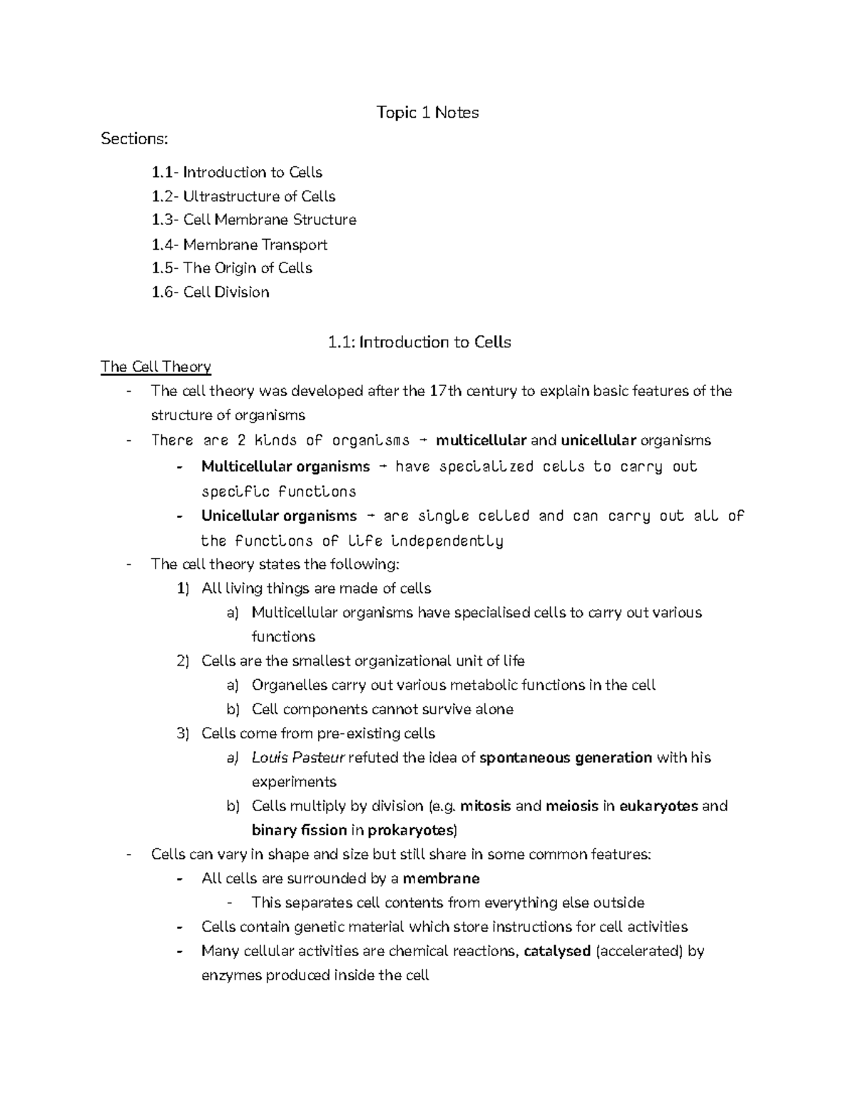 Topic 1 Cell Biology - Lecture and Reading Notes - Topic 1 Notes ...