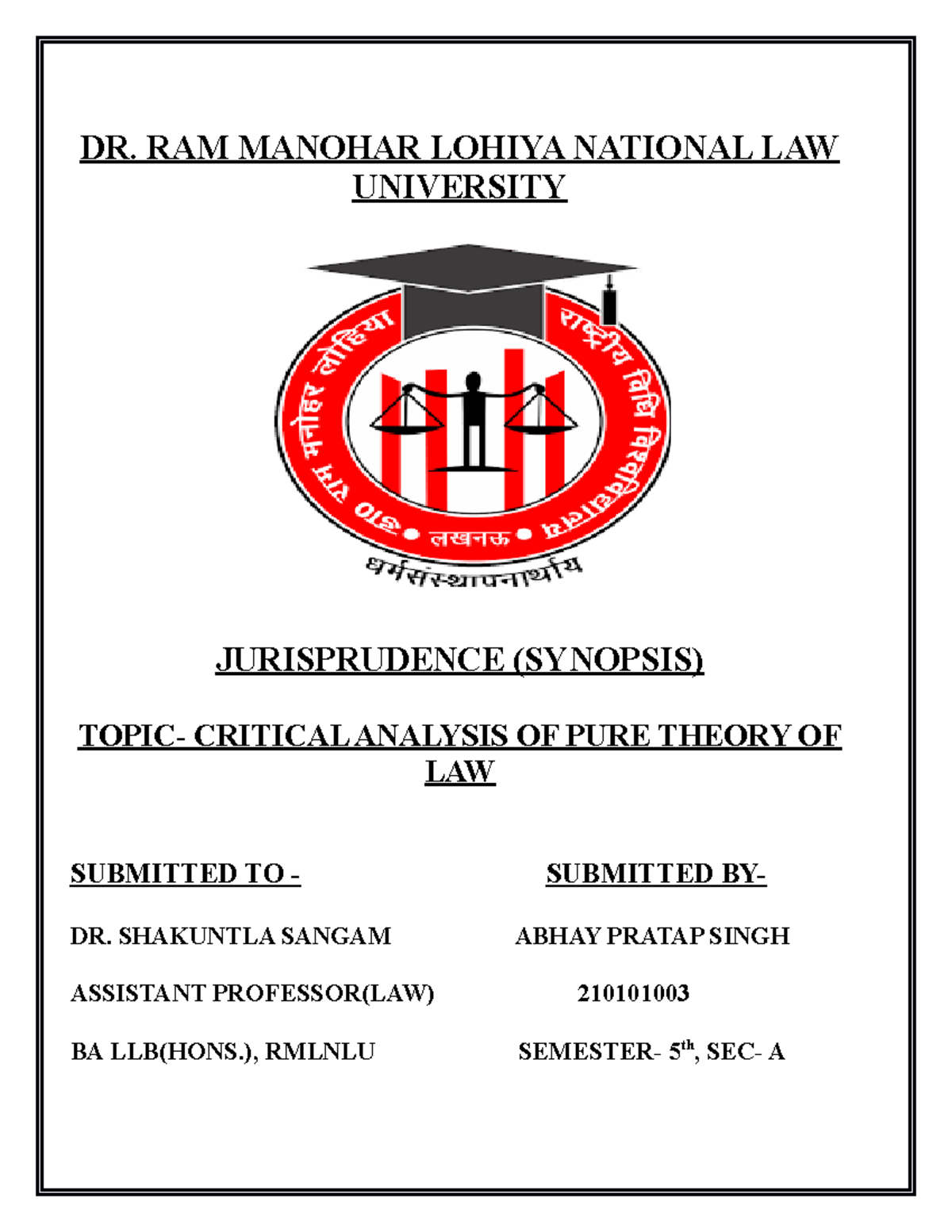 Juris SEM 5 - project - DR. RAM MANOHAR LOHIYA NATIONAL LAW UNIVERSITY JURISPRUDENCE (SYNOPSIS ...