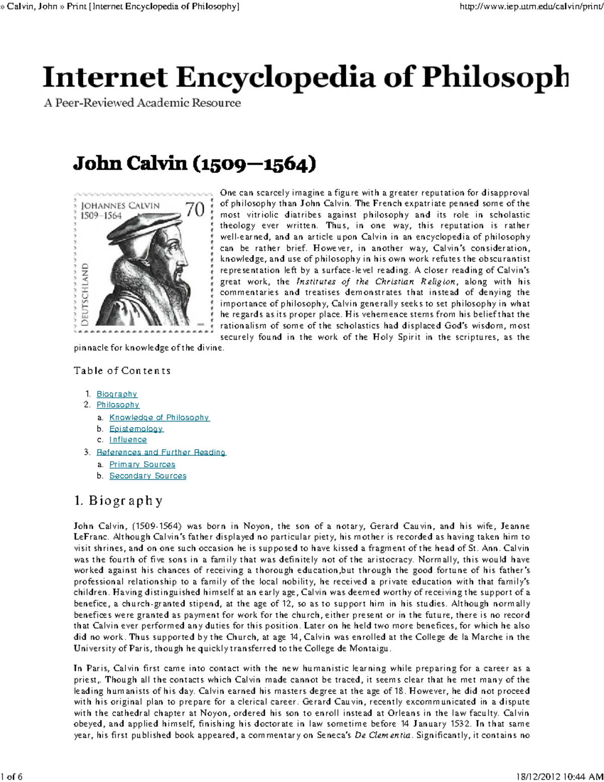 Recomended reading - john calvin - One can scarcely imagine a figure ...