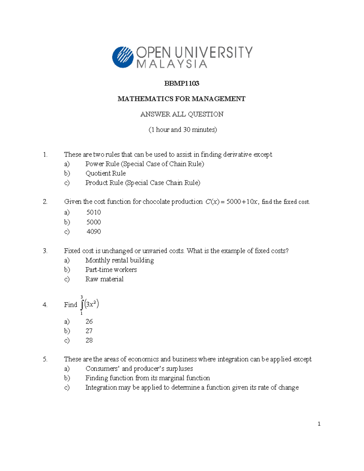 BBMP1103- s Ample - BBMP MATHEMATICS FOR MANAGEMENT ANSWER ALL QUESTION ...