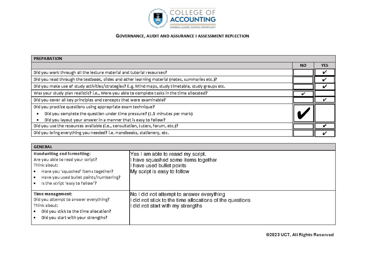 GAA Assessment Reflection Form - GOVERNANCE, AUDIT AND ASSURANCE I ...