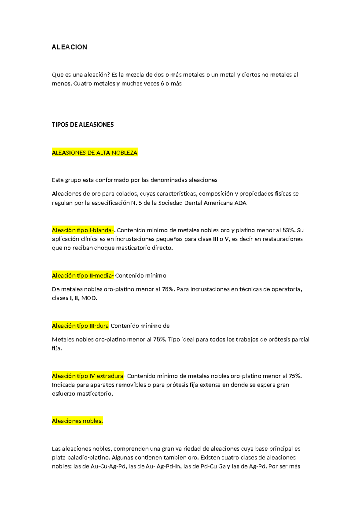 Documento GUIA Protesis - ALEACION Que es una aleación? Es la mezcla de ...