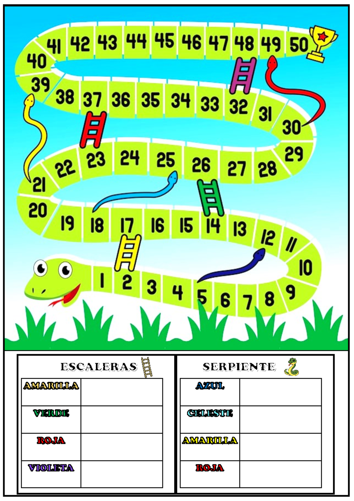 Serpientes y escaleras imprimible - Actividades de matemáticas para ...