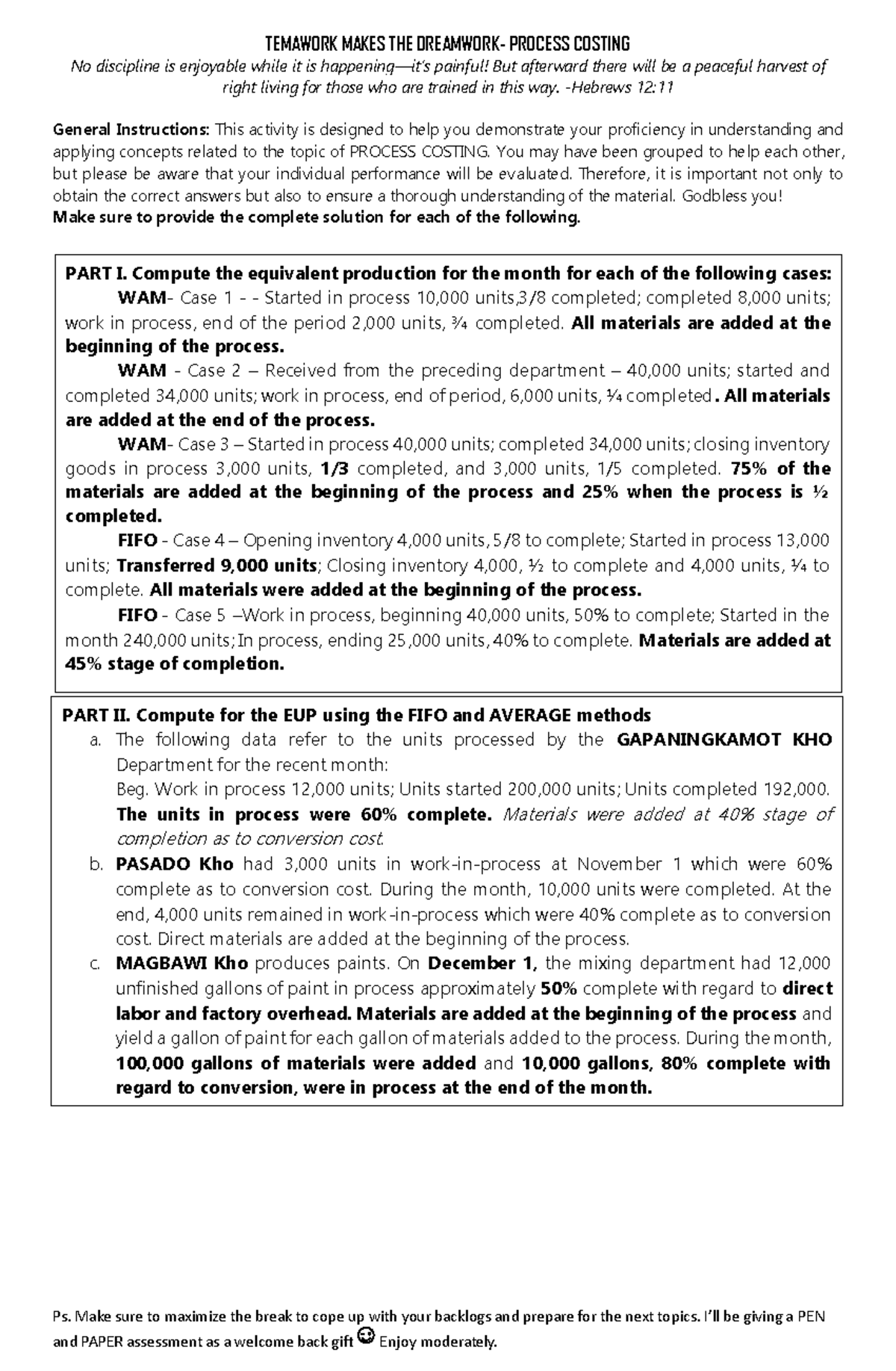 Teamwork Makes THE Dreamwork - Process Costing - TEMAWORK MAKES THE ...