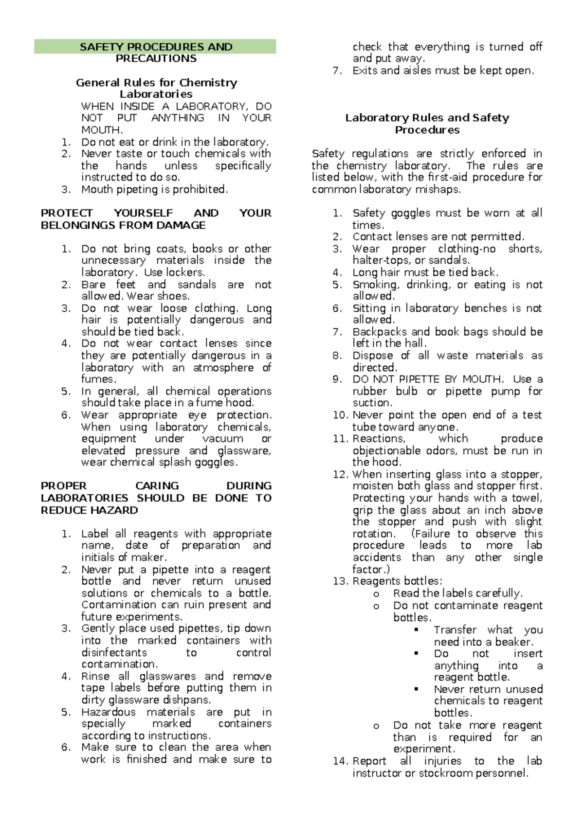 LABORATORY RULES AND CELLS REVIEWER FOR PRELIM EXAMINATION - SAFETY ...