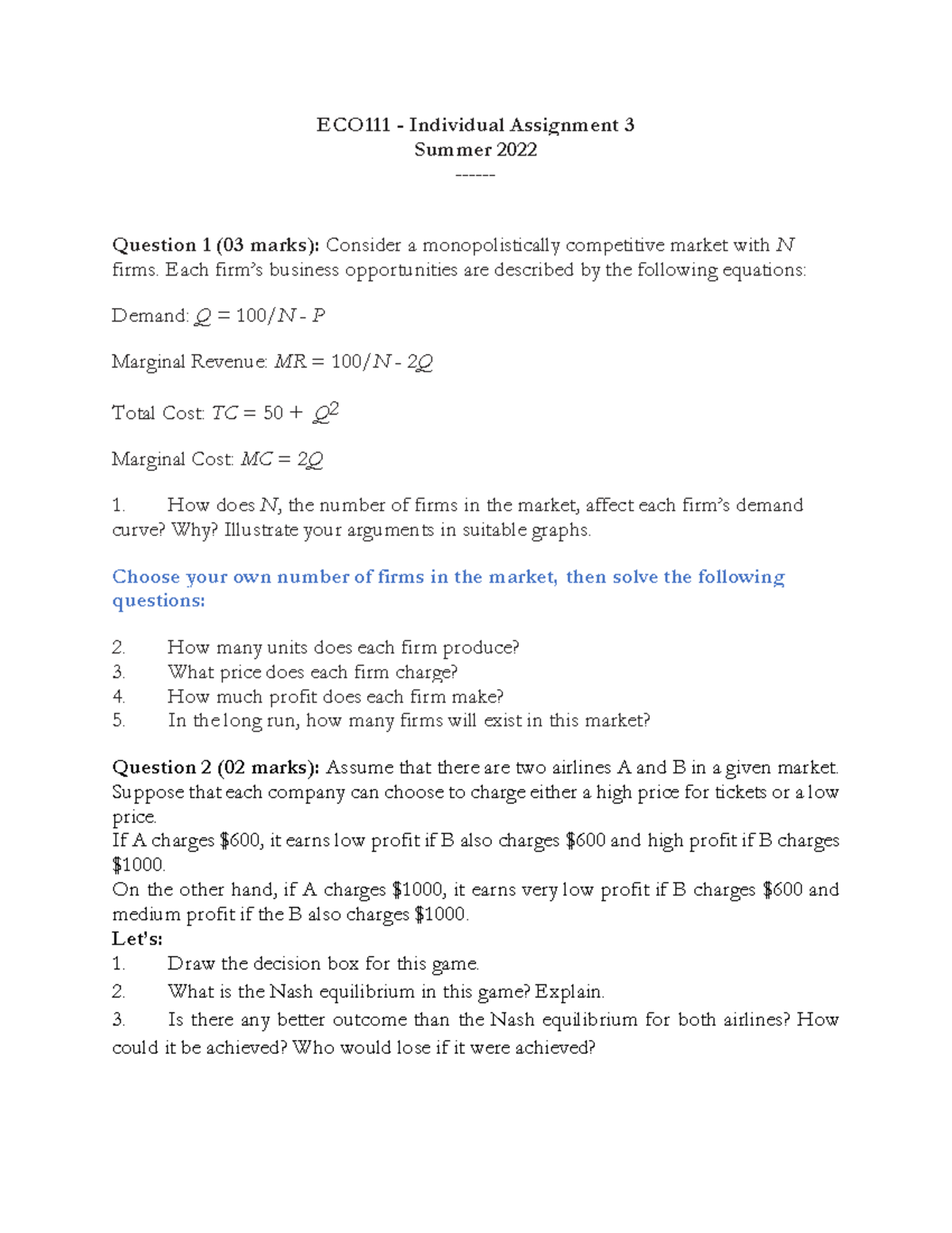 ECO111 -IA3 - ECO111 - Individual Assignment 3 Summer 2022 - Question 1 ...