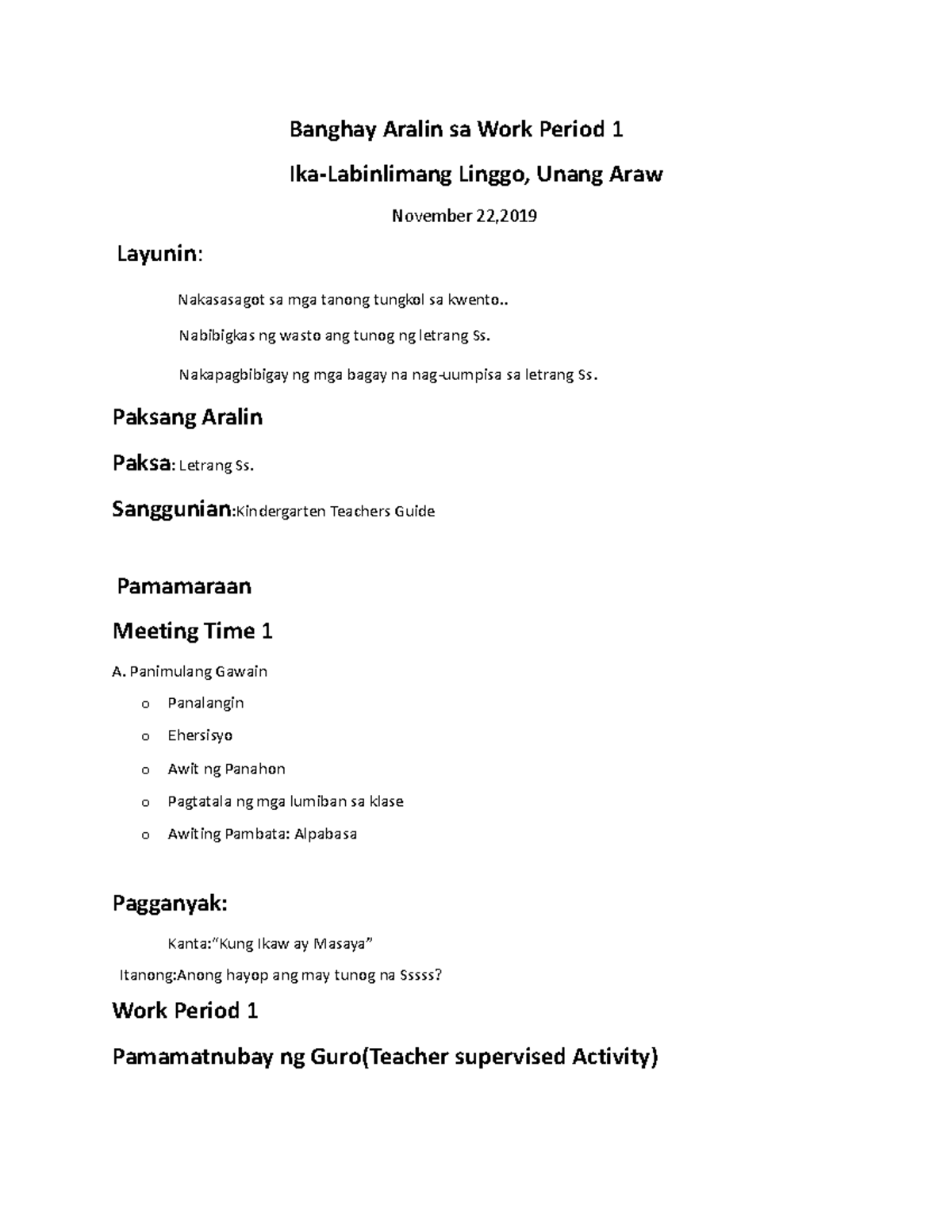 Banghay NA Aralin SA Kinder( Letrang Ss) - Banghay Aralin sa Work ...