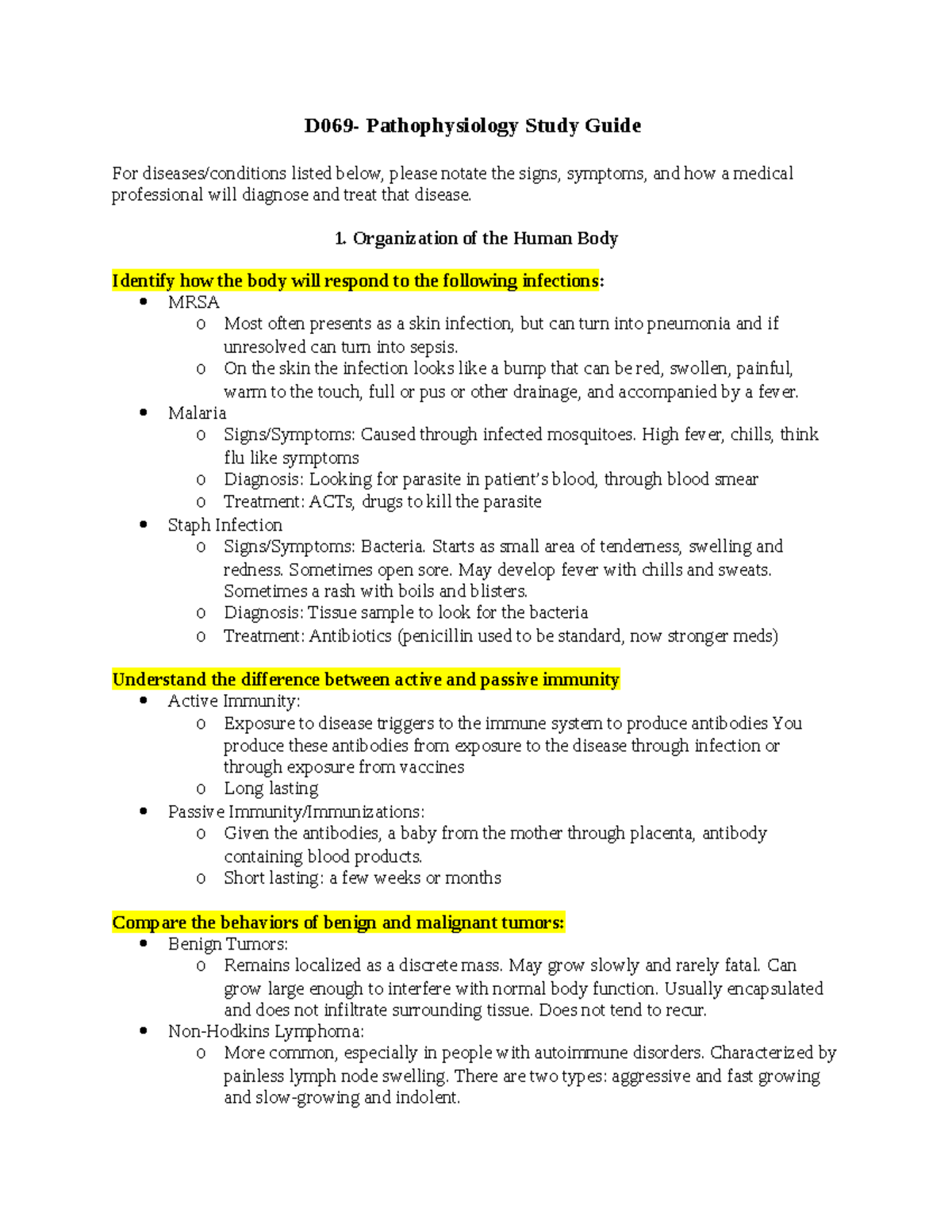 D069 Pathophysiology Study Guide - Organization of the Human Body ...
