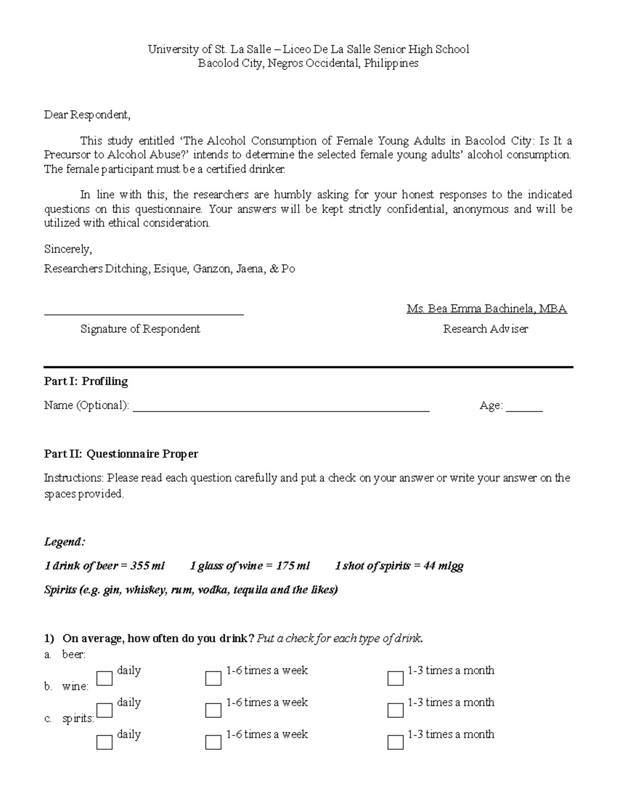 Consent Form Questionnaire 1 - University of St. La Salle – Liceo De La ...