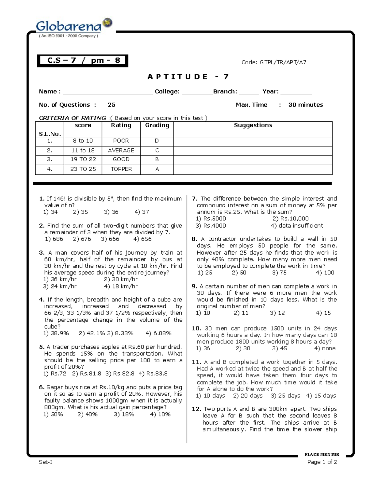 C.s - 7 - aptitude - PLACE MENTOR Code: GTPL/TR/APT/A A P T I T U D E ...