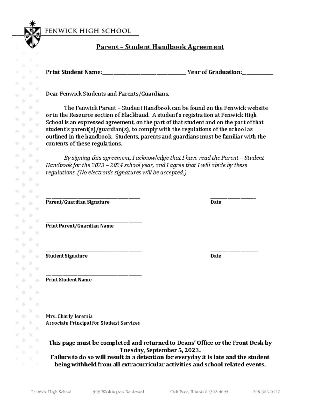 23 24 Handbook Agreement Form - Parent – Student Handbook Agreement ...