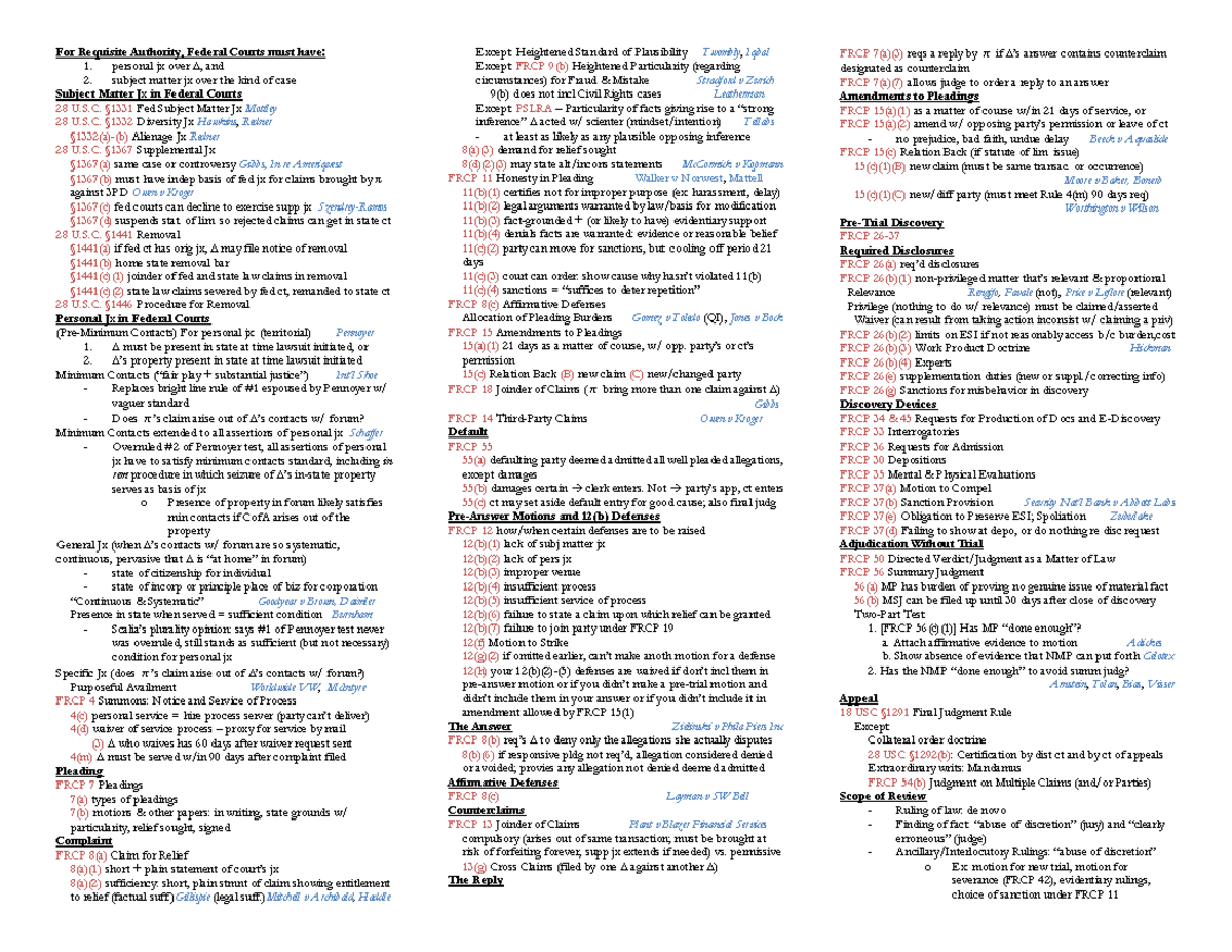 Civ Pro Attack Outline 1 - For Requisite Authority, Federal Courts must ...