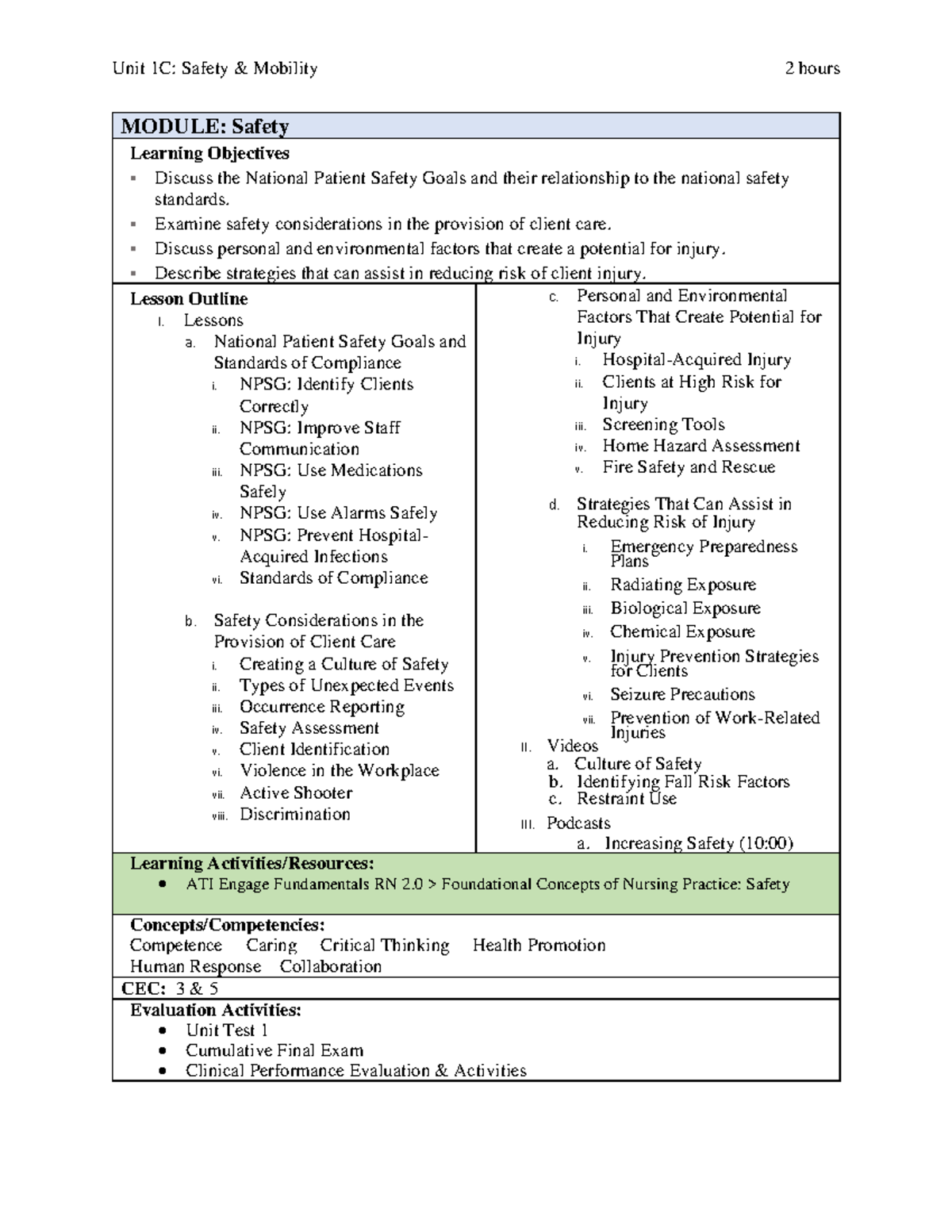 Unit 1C- Safety and Mobility - Unit 1C: Safety & Mobility 2 hours ...