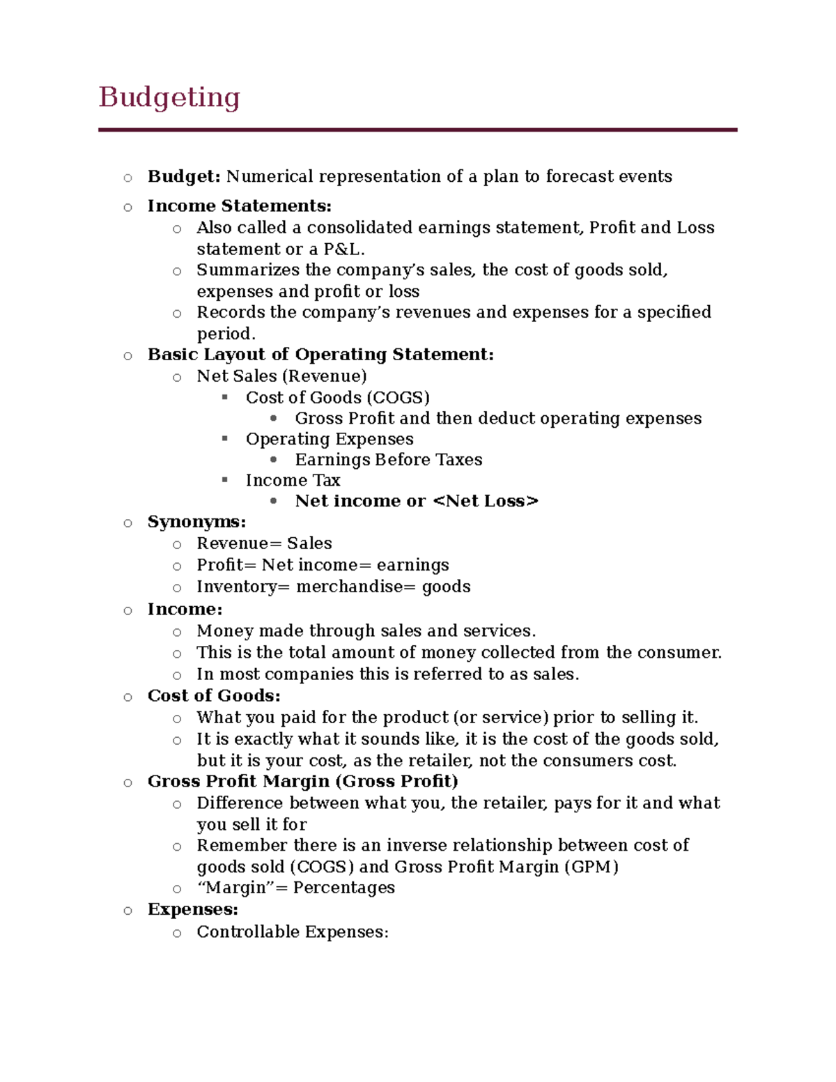 Budgeting - Notes for APM spring - Budgeting o Budget: Numerical ...