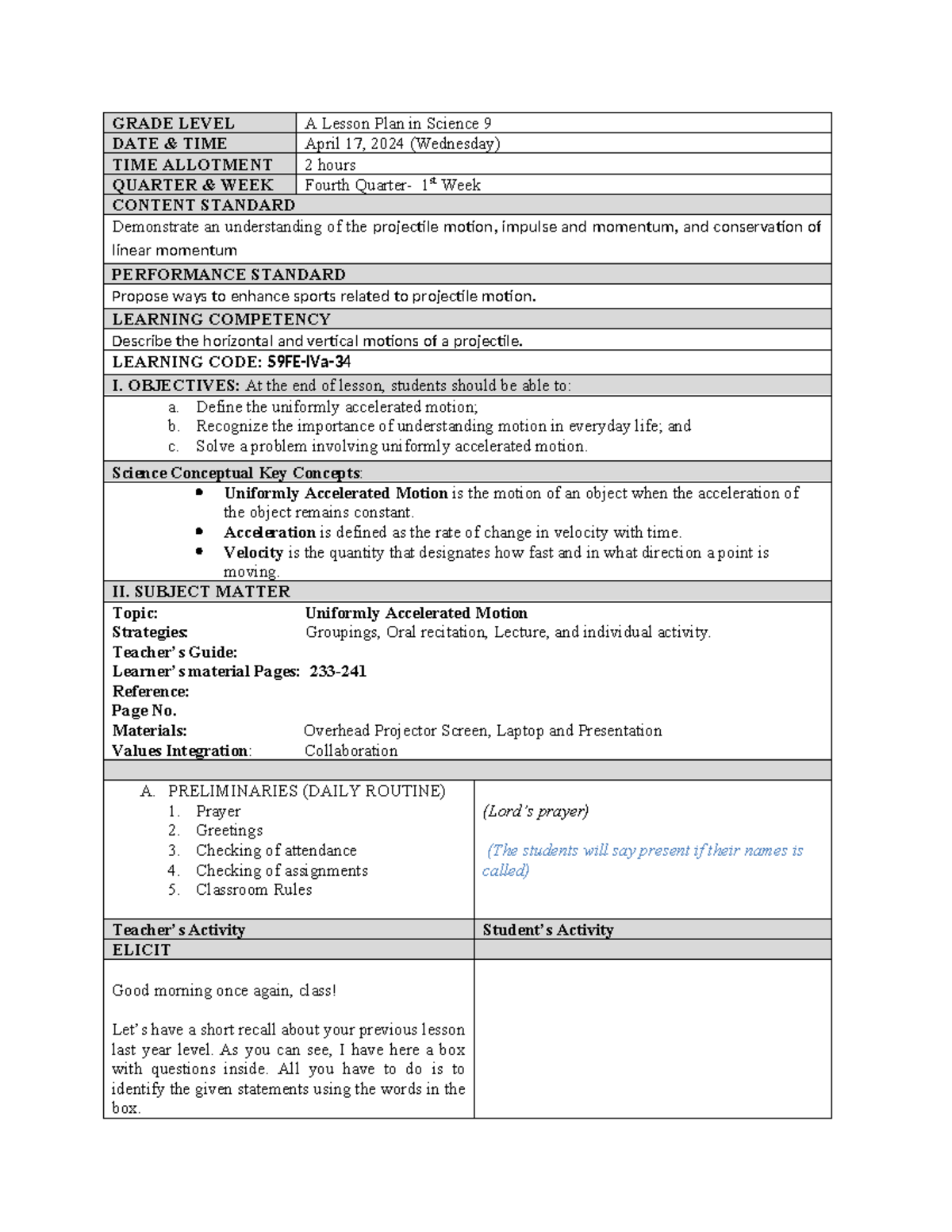 UAM - Lesson Plan in Science 9 - GRADE LEVEL A Lesson Plan in Science 9 ...