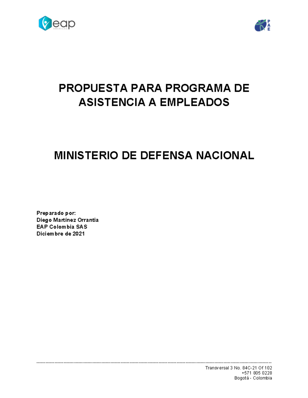 Portafolio EAP Colombia Ministerio DE Defensa Nacional PAE Completo V1 - Transversal 3 No. 84C ...