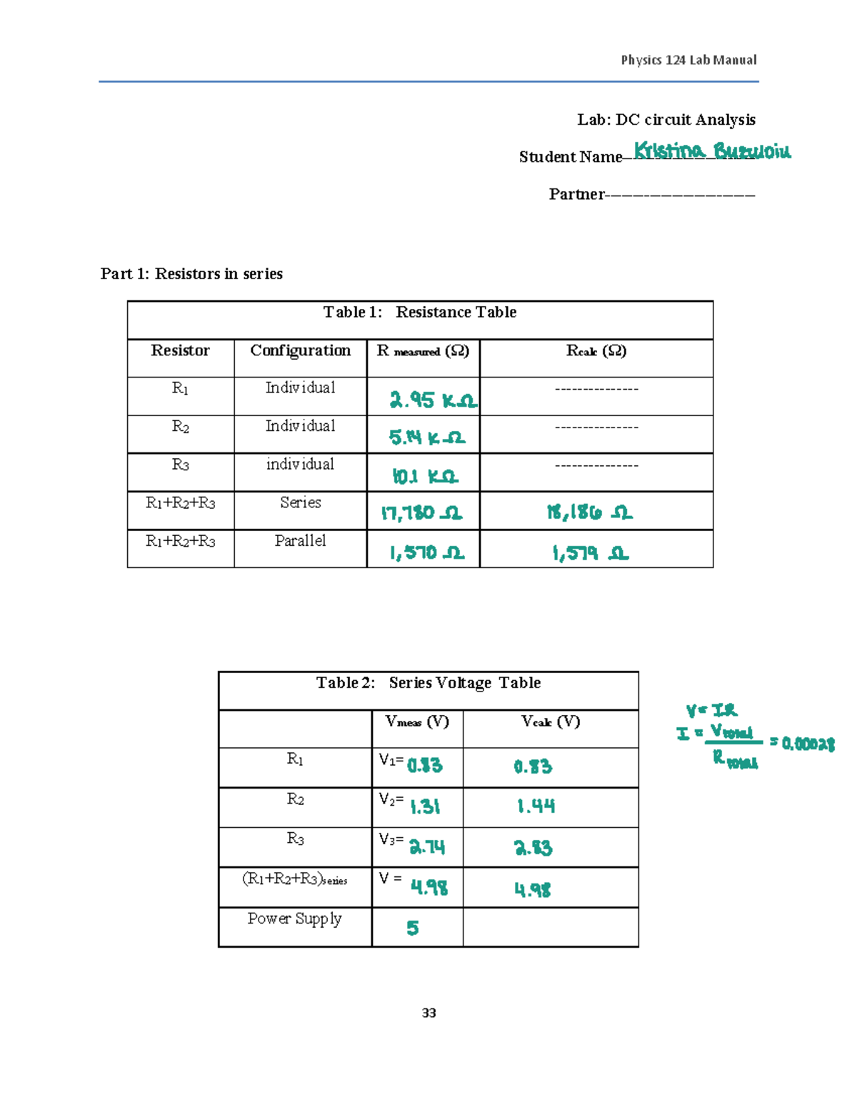 DC Circuit Lab - Lab: DC circuit Analysis Student Name- Partner- Part 1 ...