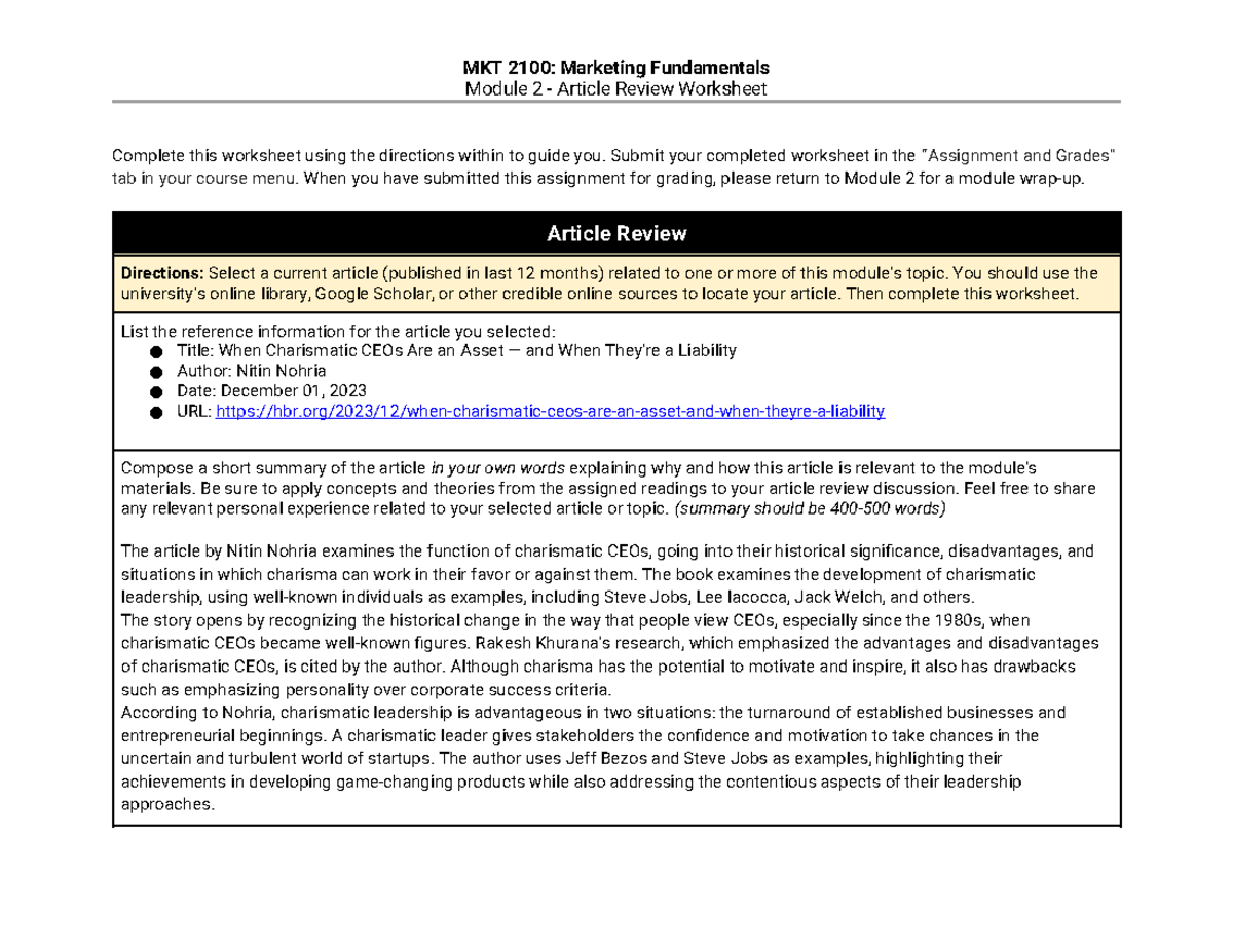 MKT 2100 Module 2 - Article Review Worksheet - MKT 2100: Marketing Fundamentals Module 2 ...