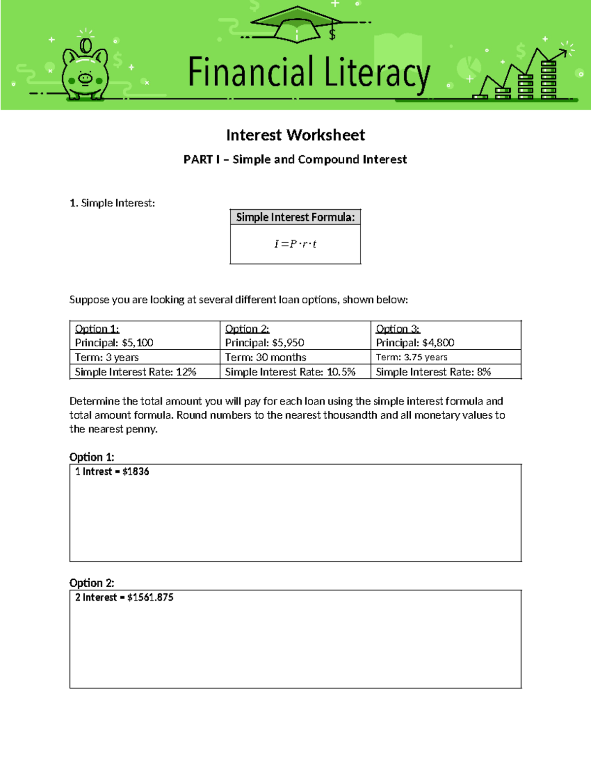 Interest worksheet - Interest Worksheet PART I – Simple and Compound ...