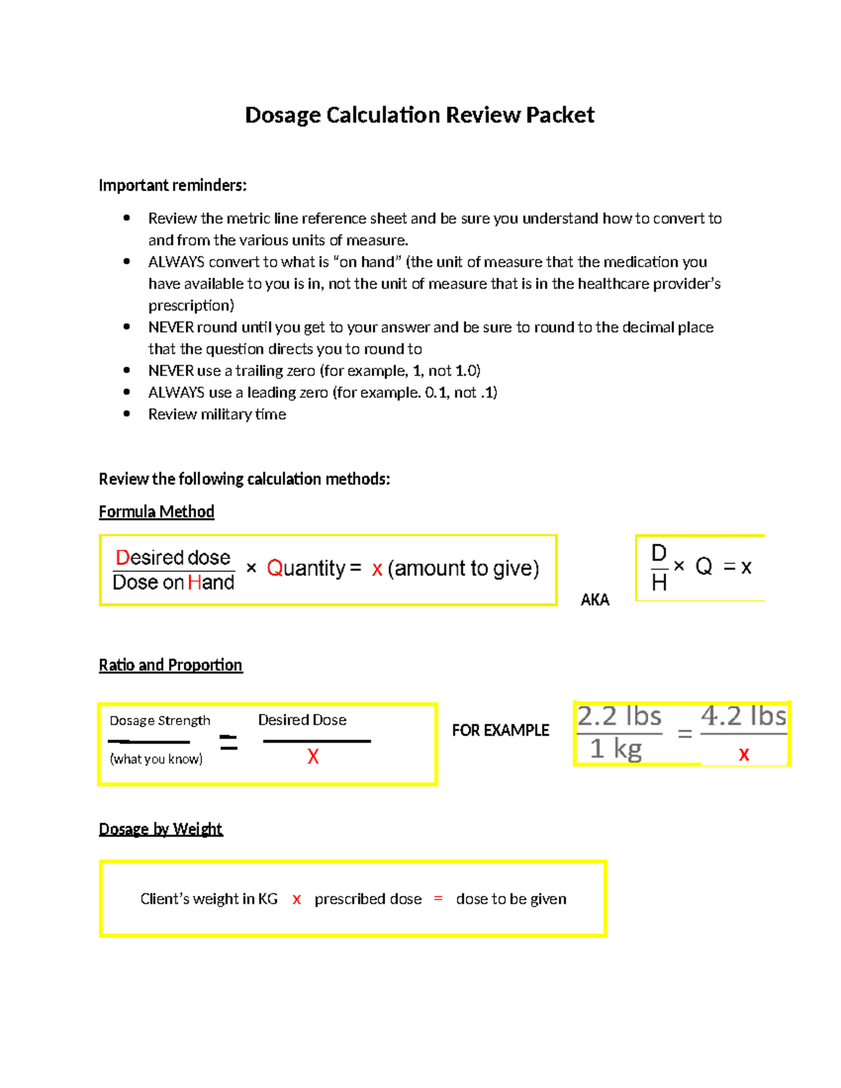 Dosage Calculation Review Packet 12 - Dosage Calculation Review Packet ...