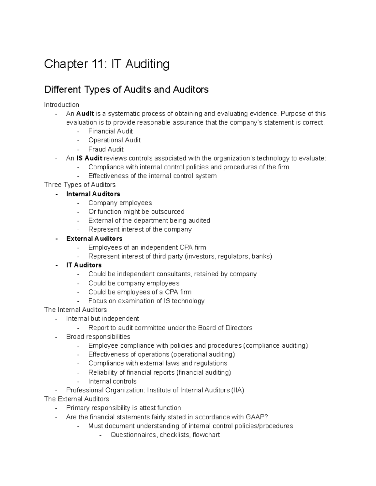 ACCT 307 Chapter 11 - Chapter 11: IT Auditing Different Types of Audits and Auditors ...