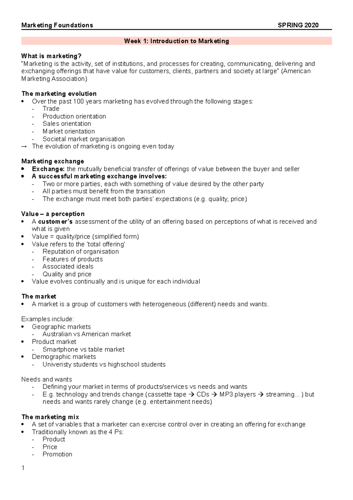 Marketing Foundations notes - Marketing Foundations SPRING 2020 Week 1 ...