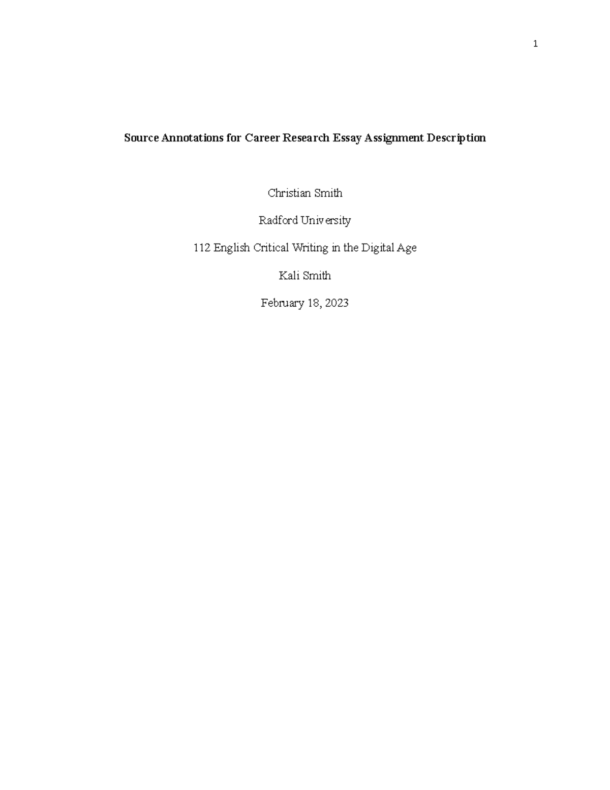 Source Annotations for Career Research Essay Assignment Description 1 ...
