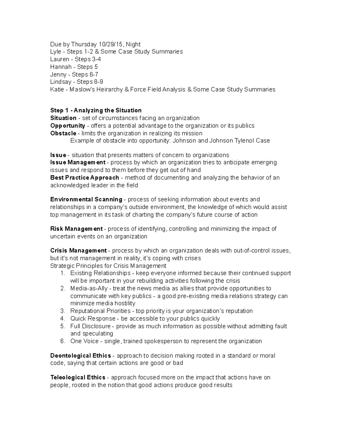 Study Guide PRL 325 - Lecture notes all - Due by Thursday 10/29/15 ...