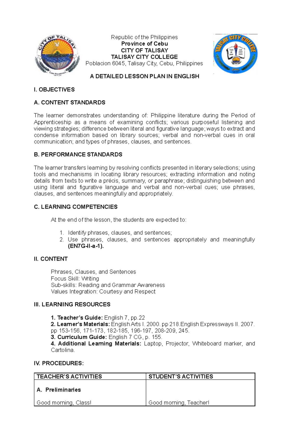 Lesson Plan in English 7 - Republic of the Philippines Province of Cebu ...