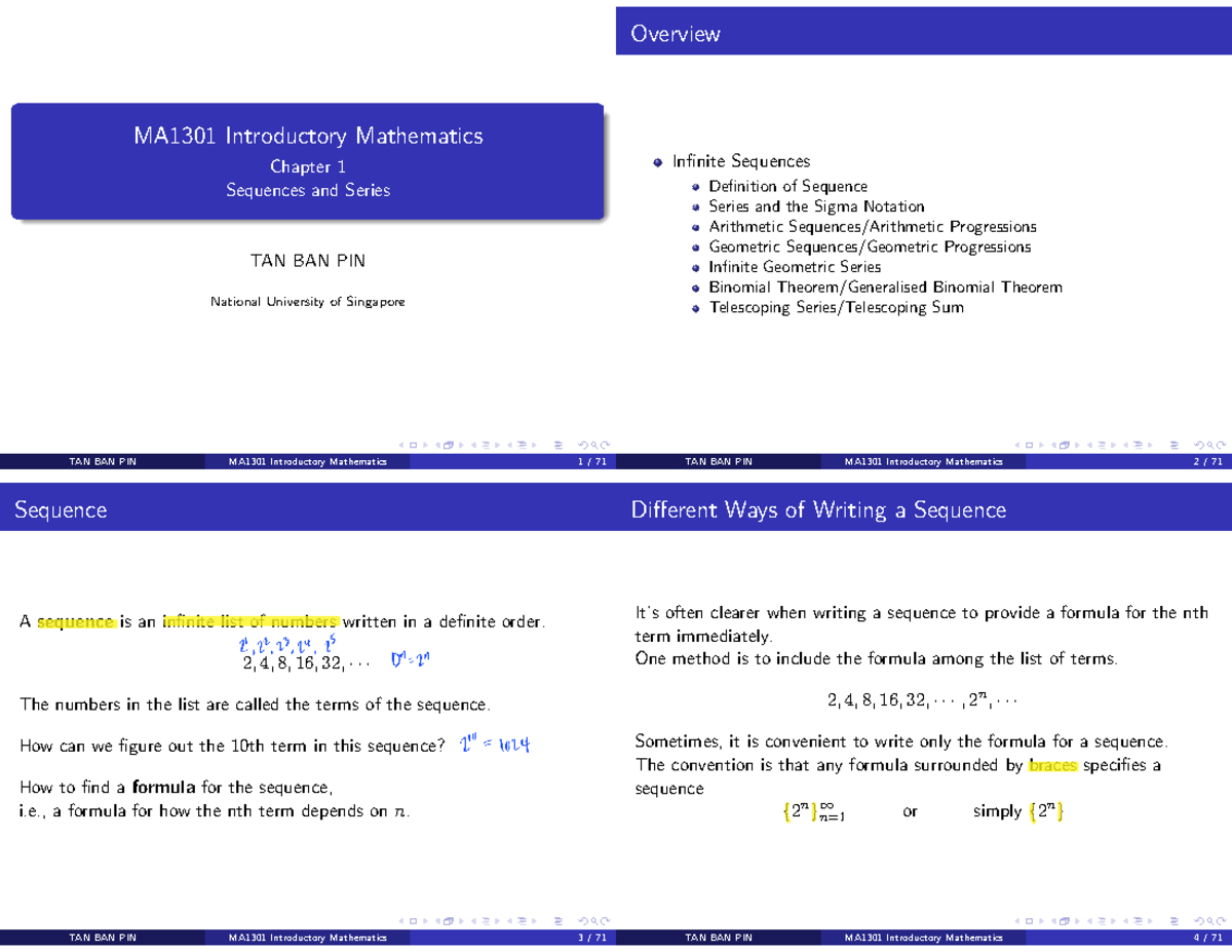 MA1301 Chapter 1 - MA1301 Introductory Mathematics Chapter 1 Sequences and Series TAN BAN PIN ...
