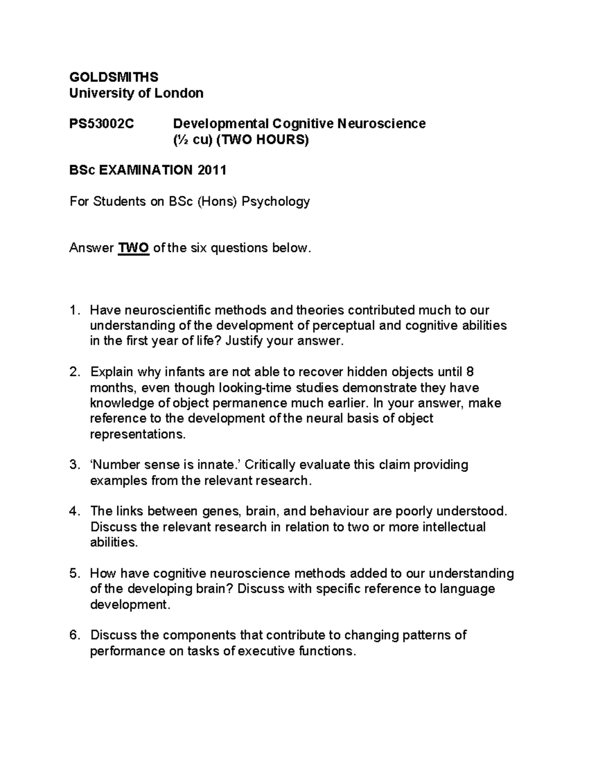 Exam 2011, questions - GOLDSMITHS University of London PS53002C ... Exam 2011, questions - GOLDSMITHS University of London PS53002C ...